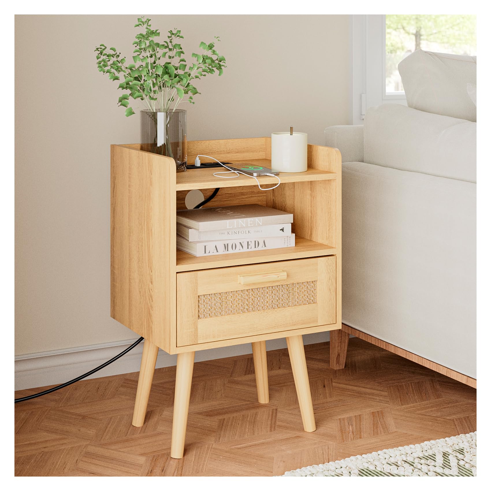 Masupu Nightstand Set of 2, Rattan Nightstand not Charged and Rattan Edge Bedside Table Bundled Products