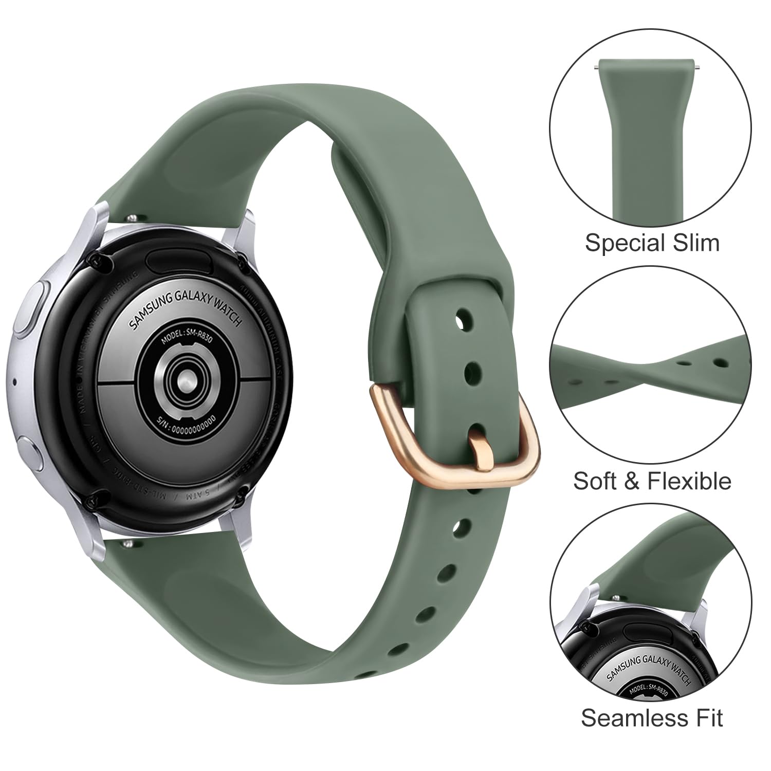 3 Pack Slim Sport Bands for Samsung Galaxy Watch Active 2 40mm 44mm, Soft Liquid Silicone Waterproof Straps for Replacement for Galaxy Watch Active Wristbands Women Men (PinkSand/Starlight/SageGreen)