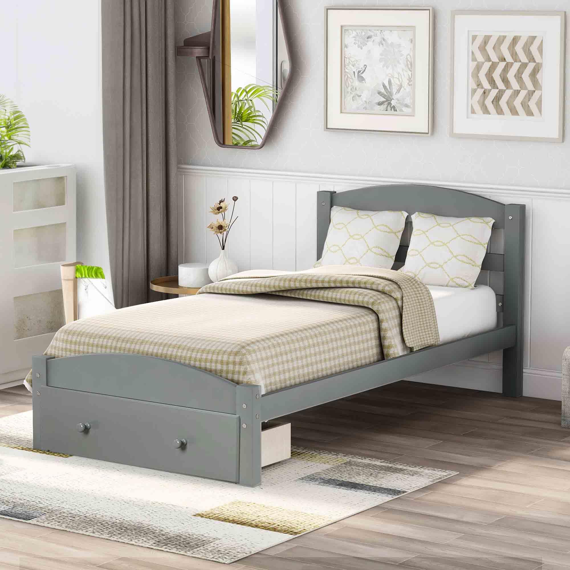 Platform Twin Bed Frame with Storage Drawers, Wood Platform Bed Frame with Headboard for Kids/Teens/Adults, Camas Mattress Foundation/Wood Slats Support/No Box Spring Needed/Easy Assemble (Gray)