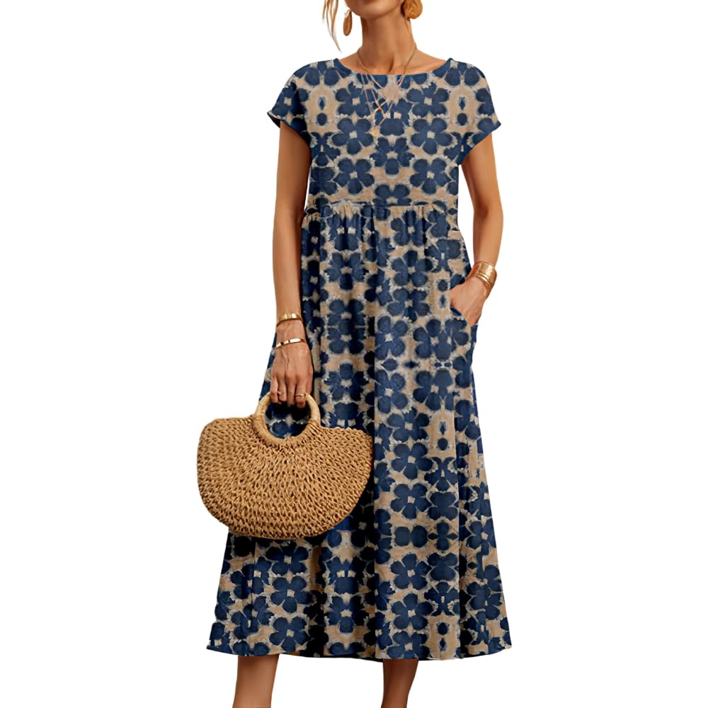 Akivide Women's Summer Cotton Linen Floral Printed Short Sleeve Dress Crew Neck Loose Casual Beach Dresses with Pockets, Long#blue Floral