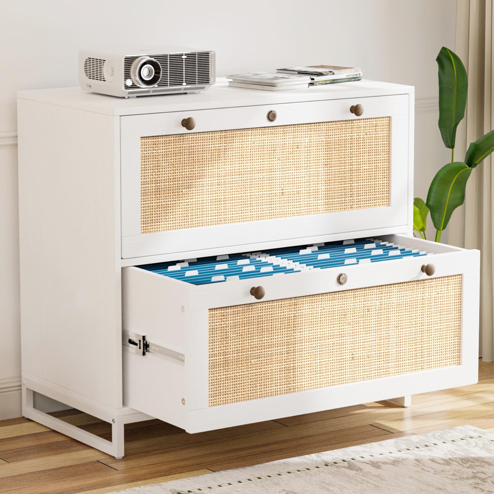 VINGLI White & Natural Rattan 2 Drawer Lateral File Cabinet with Lock, Wood Locking File Cabinets for Home Office, File Cabinet Printer Stand for Hanging Letter/Legal Size Folders, 30W x 16D x 28H