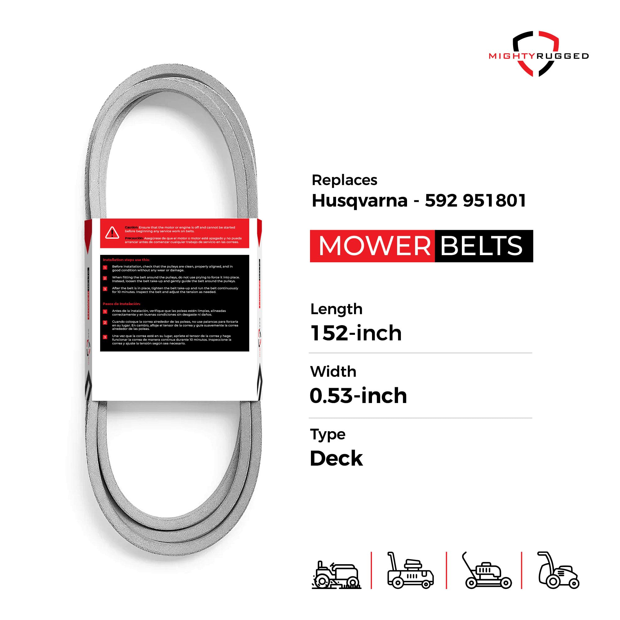 MightyRugged 592951801 Husqvarna Deck Belt Replacement - Belt Length 152" - Premium, Heavy-Duty, Aramid Cord for Husqvarna Zero-Turn 54" Deck Mowers - Husqvarna Z254F Deck Belt