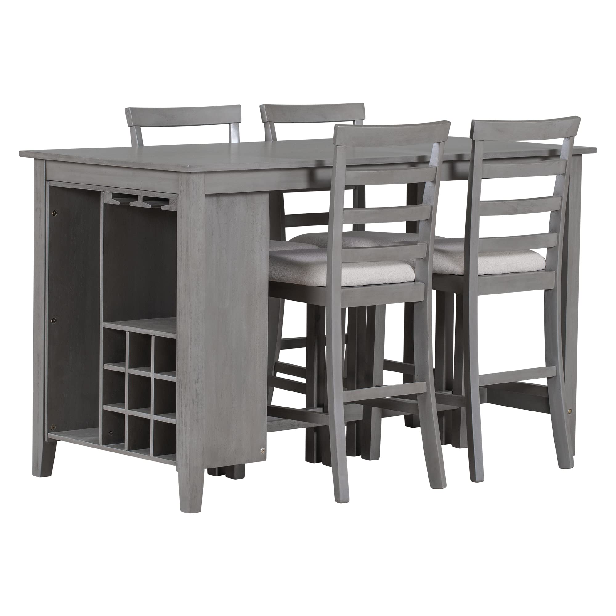 BIADNBZ 5-Piece Counter Height Dining Table Set for 4, Multi-Functional Rubber Wood Kitchen Furniture with Padded Chairs, Integrated 9 Bar Wine Compartment&Wineglass Holders, Gray