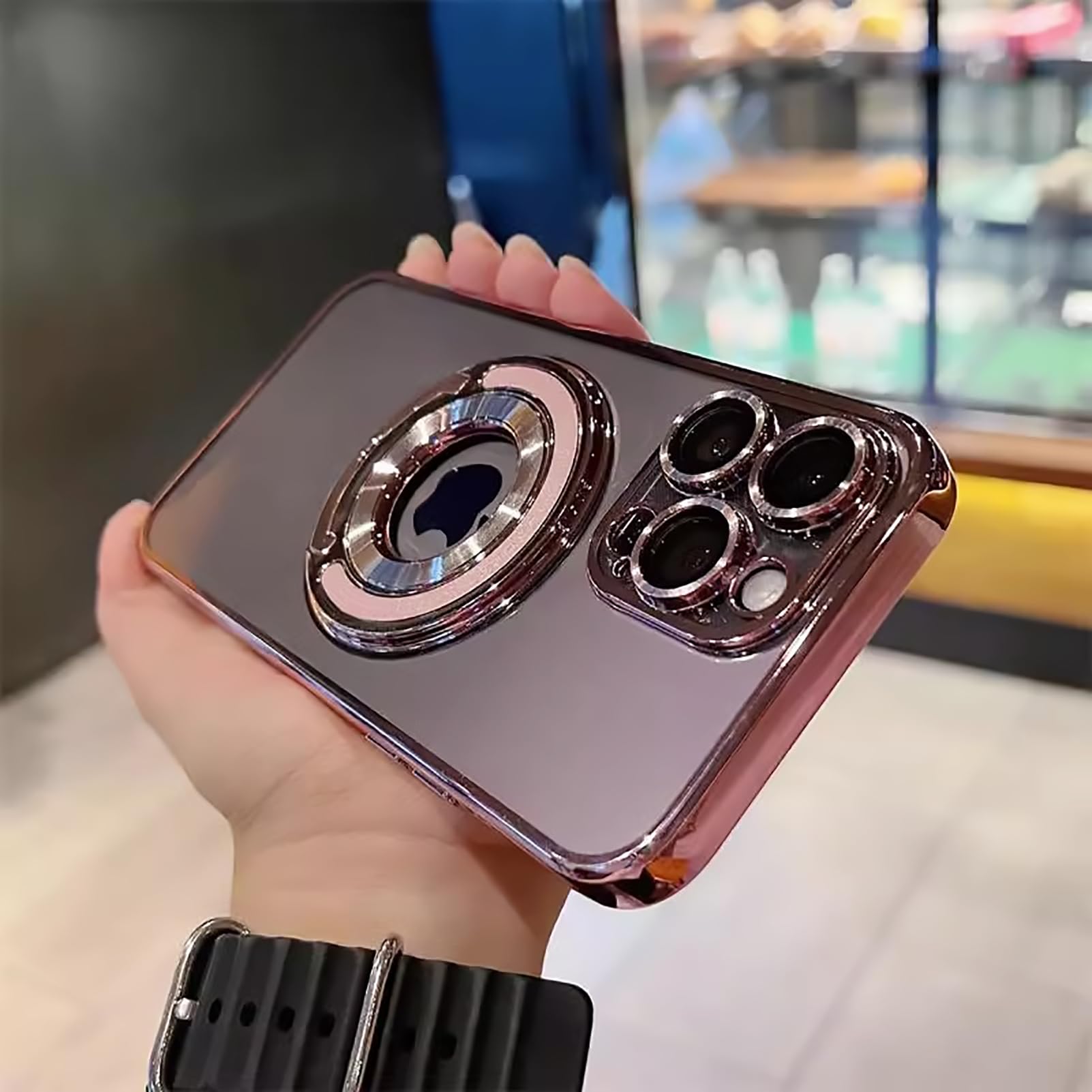 Uioeua Compatible with iPhone 13 Pro Max Magnetic Clear Kickstand Case,Luxury Plating Transparent Bracket MagSafe Case with Full Camera Lens Protector for iPhone 13 Pro Max Women Girl Men-Elegant Pink
