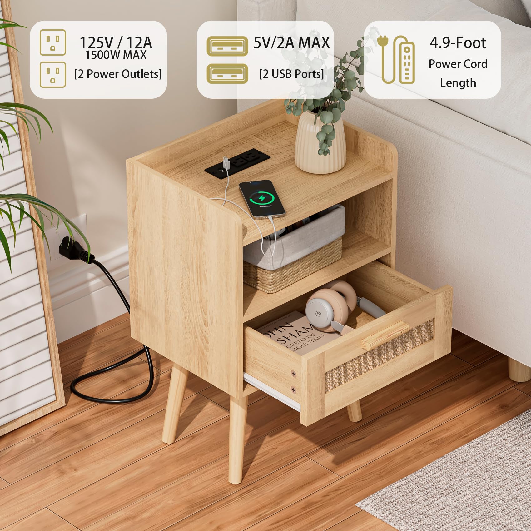 Masupu Nightstand Set of 2, Rattan Nightstand not Charged and Rattan Edge Bedside Table Bundled Products