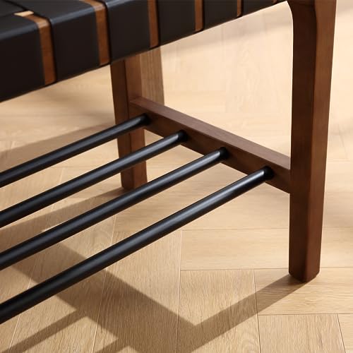 Janoray Solid Wood Bench, Modern 45" Long Dining Bench with Faux Leather Woven Strips & Metal Shelf Comfy Seat for Entryway/Dning Room/Bedroom, Black