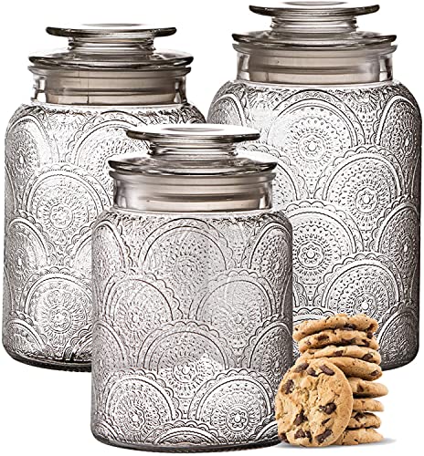 3pc Glass Canisters Set for Kitchen Counter with Airtight Lids - Retro Design - Pantry Organization Food Storage Containers for Cookies, Tea, Sugar, Candy Jars, Sugar Packet Holders, Great gift.