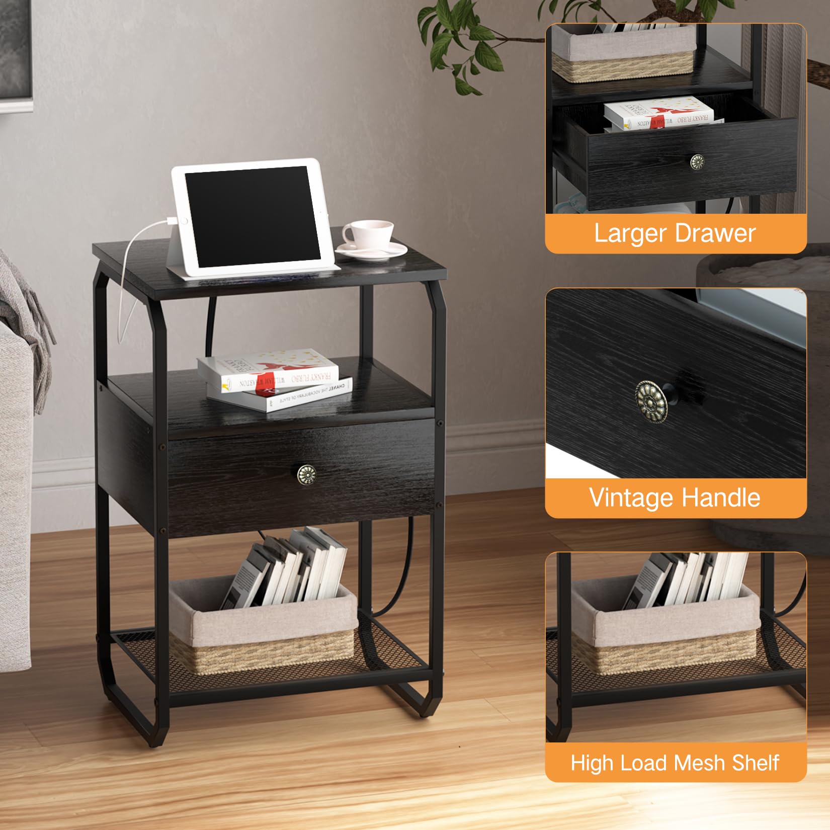runjuly Black End Table with Charging Station, 3 Tier Night Stand with Wooden Drawer and Storage Shelf, Bedside Table with USB Ports Outlets, Narrow Side Table for Living Room, Bedroom