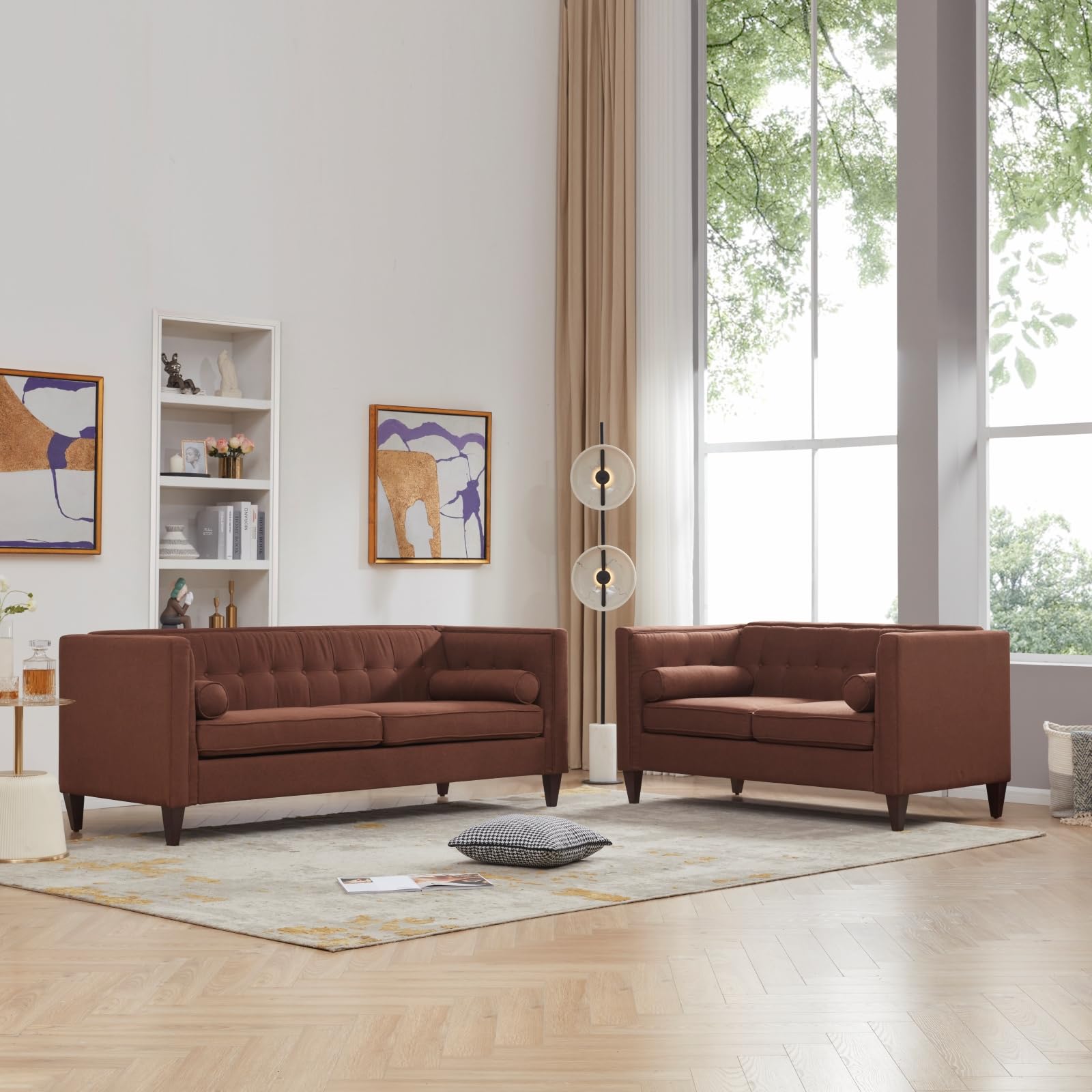 Dreamsir 58Inches Loveseat Sofa, 2 Seater Fabric Sofa Couch with Two Throw Pillows, Solid Wood, Mid Century Modern Couch for Living Room, Small Space, Apartment(Brown) 7097 Linen