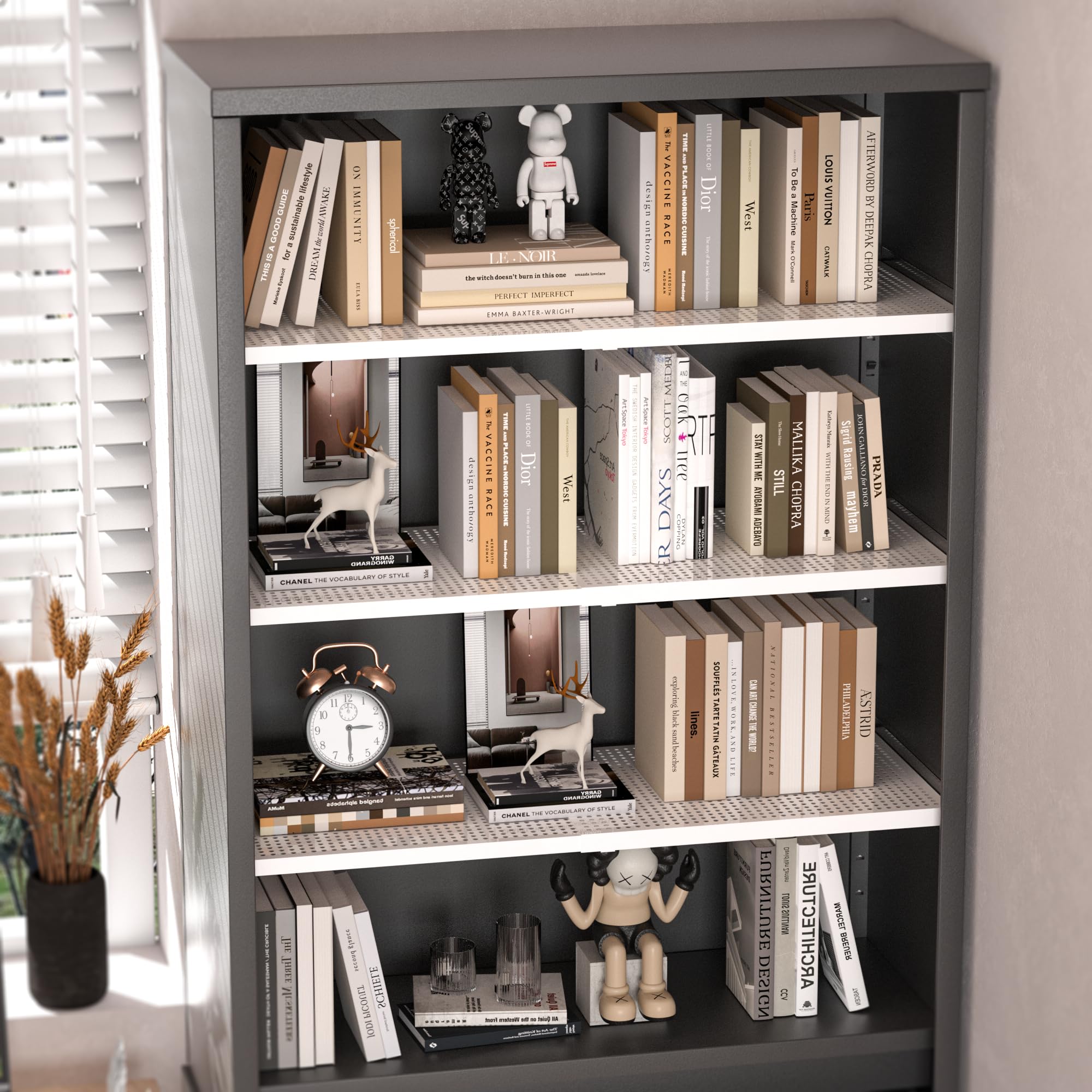 SlimmKISS Expandable Closet Tension Shelves Organizers, Adjustable Shelf for Cabinet Rack Storage Wardrobe Divider Shelving for Pantry 2 Pack (Perforated White,W11.81 x L: 17" to 31")