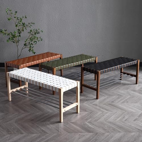 Janoray Solid Wood Bench, Modern 45" Long Dining Bench with Faux Leather Woven Strips & Metal Shelf Comfy Seat for Entryway/Dning Room/Bedroom, Black