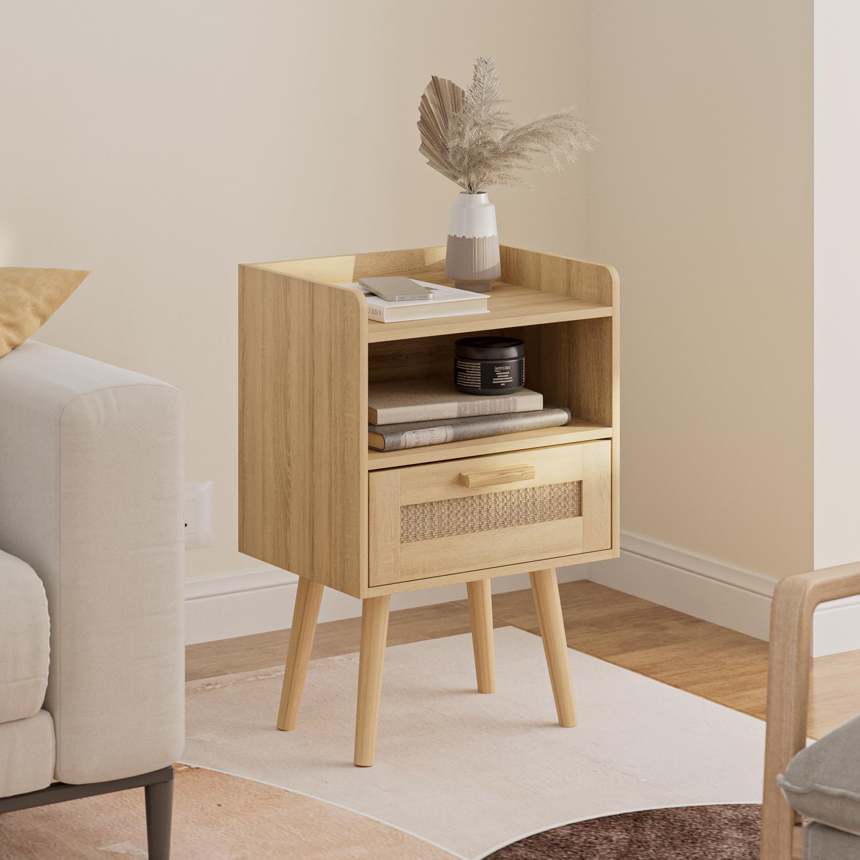 Masupu Nightstand Set of 2, Rattan Nightstand not Charged and Rattan Edge Bedside Table Bundled Products
