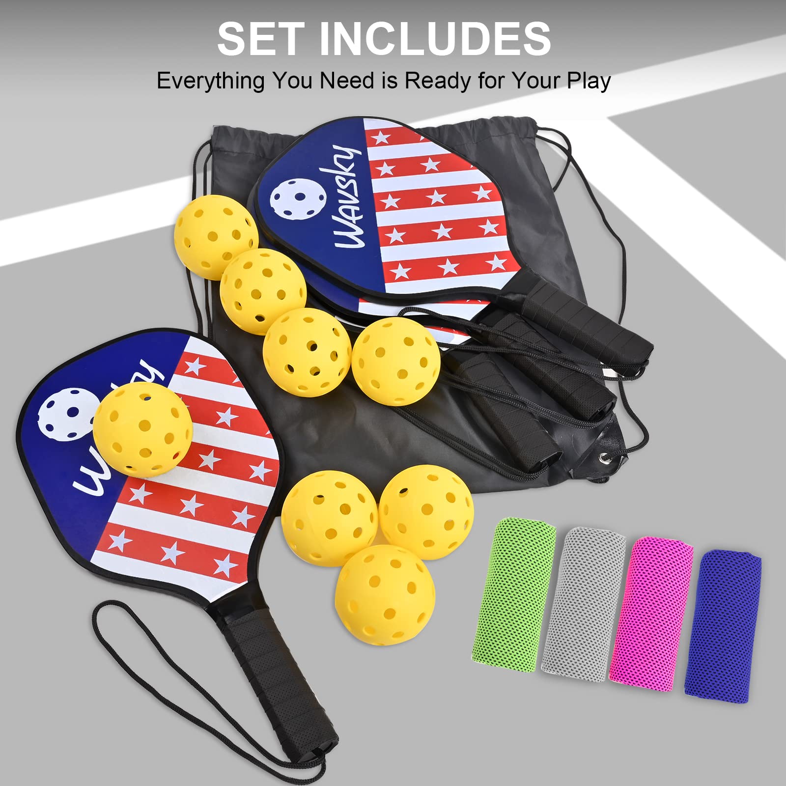 Wavsky Pickleball Set - 4 Paddles, 8 Balls, 4 Cooling Towels, Carry Bag, Wooden Pickleball Rackets With Ergonomic Grips for Beginners