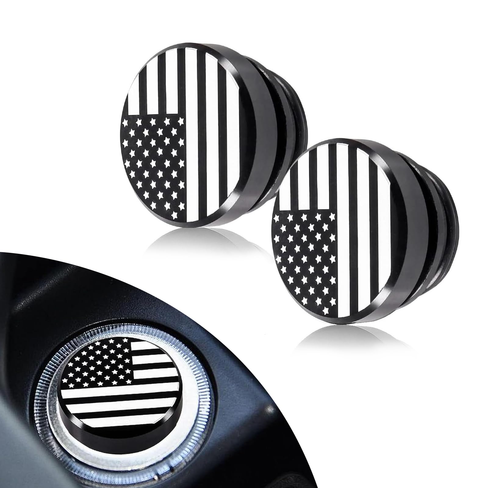 QODOLSI 2 PCS Car Car Lighters Plug Cover, Metal Dustproof Car Lighters Plug Button Cover Replacement Accessories, Universal Car Lighters Cover Decorations (Black #American Flag)