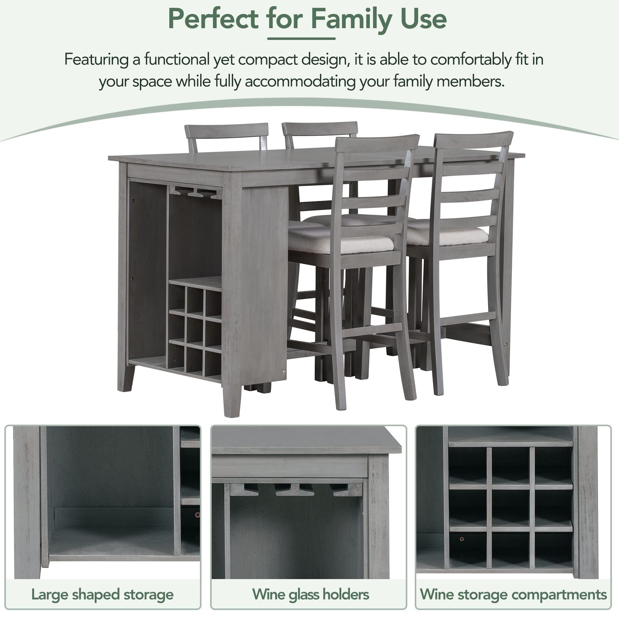 BIADNBZ 5-Piece Counter Height Dining Table Set for 4, Multi-Functional Rubber Wood Kitchen Furniture with Padded Chairs, Integrated 9 Bar Wine Compartment&Wineglass Holders, Gray
