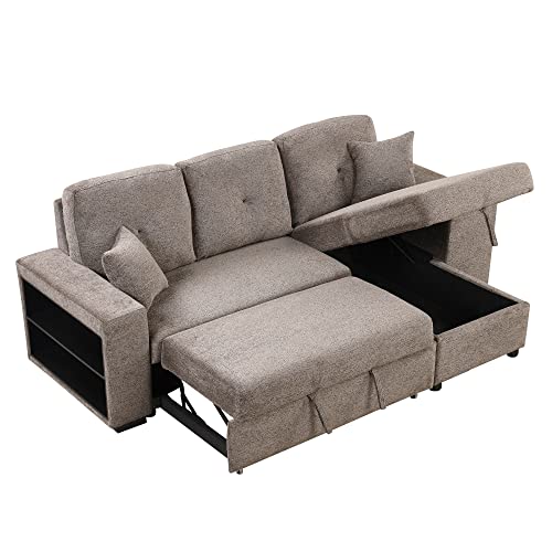 Eafurn 95" Reversible Sectional Chaise and Storage Shelves,Velvet Pull Bed w/Stools and 2 Tossing Cushions,3 Seat Sleeper L-Shape Corner Sofa & Couches for Living Room, Knox Charcoal