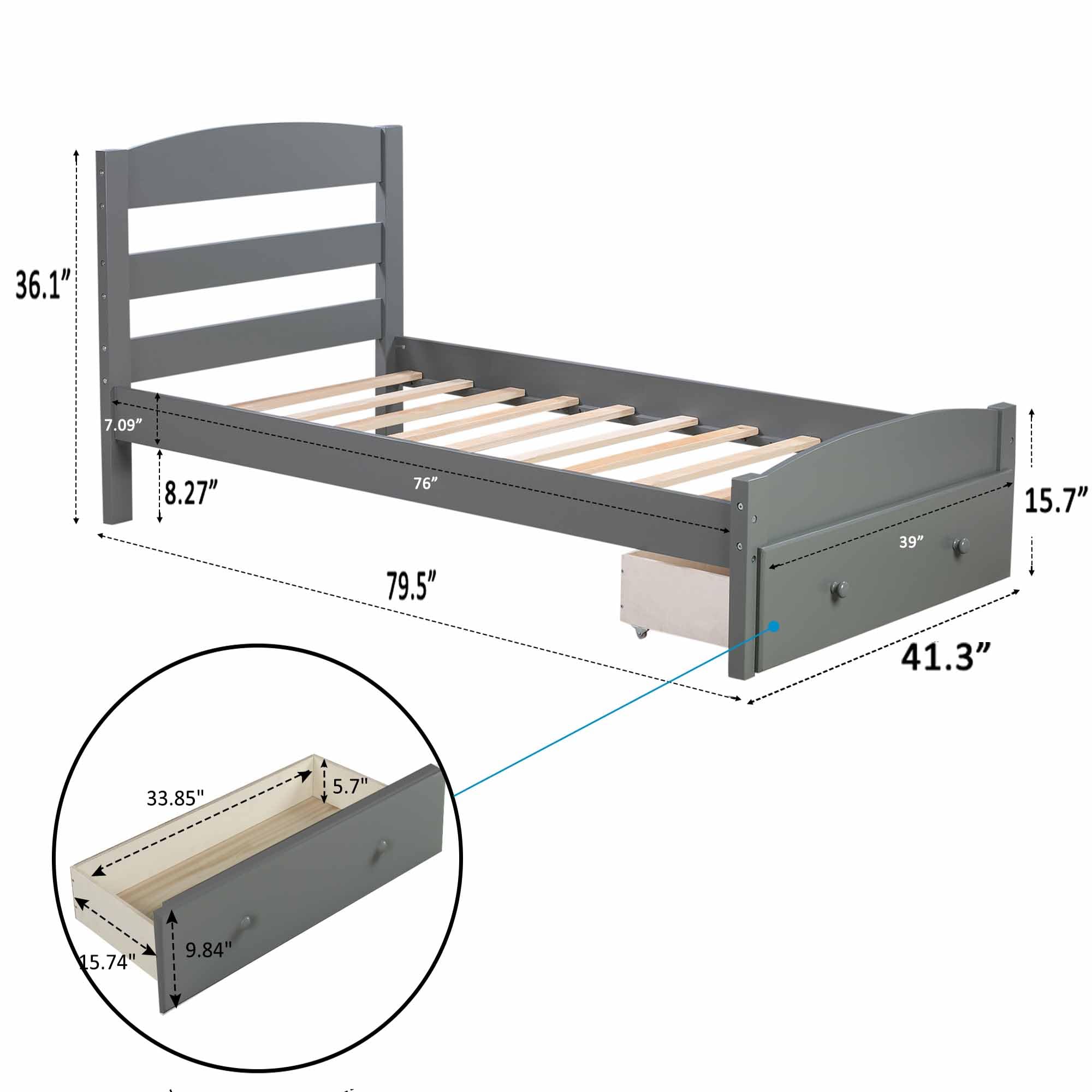 Platform Twin Bed Frame with Storage Drawers, Wood Platform Bed Frame with Headboard for Kids/Teens/Adults, Camas Mattress Foundation/Wood Slats Support/No Box Spring Needed/Easy Assemble (Gray)