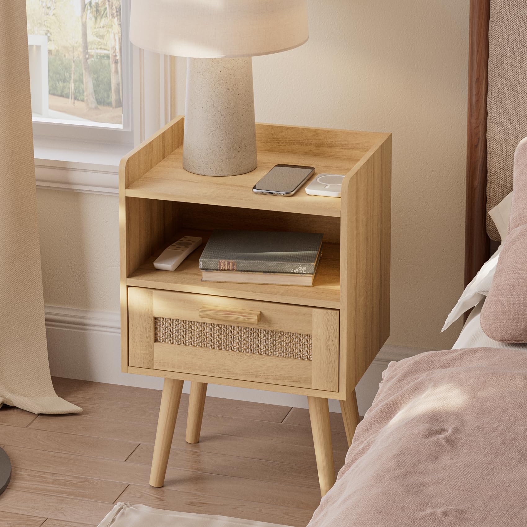 Masupu Nightstand Set of 2, Rattan Nightstand not Charged and Rattan Edge Bedside Table Bundled Products