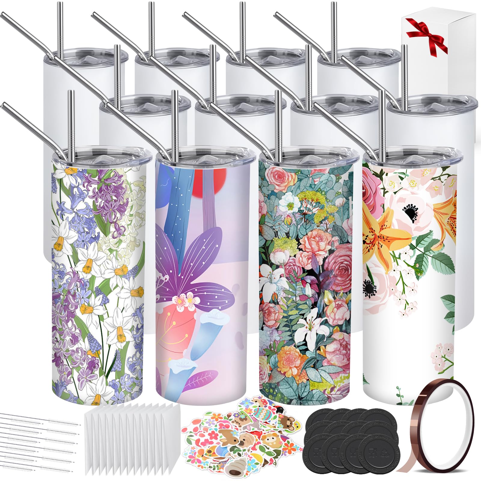 12 Pack Sublimation Tumblers 20 oz Skinny Stainless Steel Double Wall Insulated Straight Blank Tumbler with Lid and Straw,Shrink Wrap,Rubber Base, Shrink Wrap,Individually Boxed for Heat Transfer