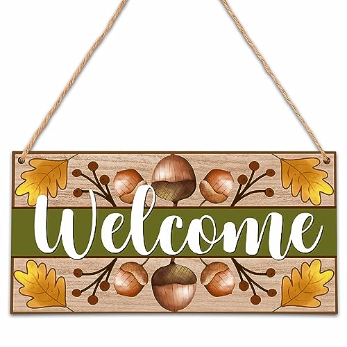 Welcome Sign for Front Door Outside, Autumn Decor Wall Art Hanging Sign, Fall Nuts Hanging Plaque Door Hanger for Outdoor Porch Home -FALLA02