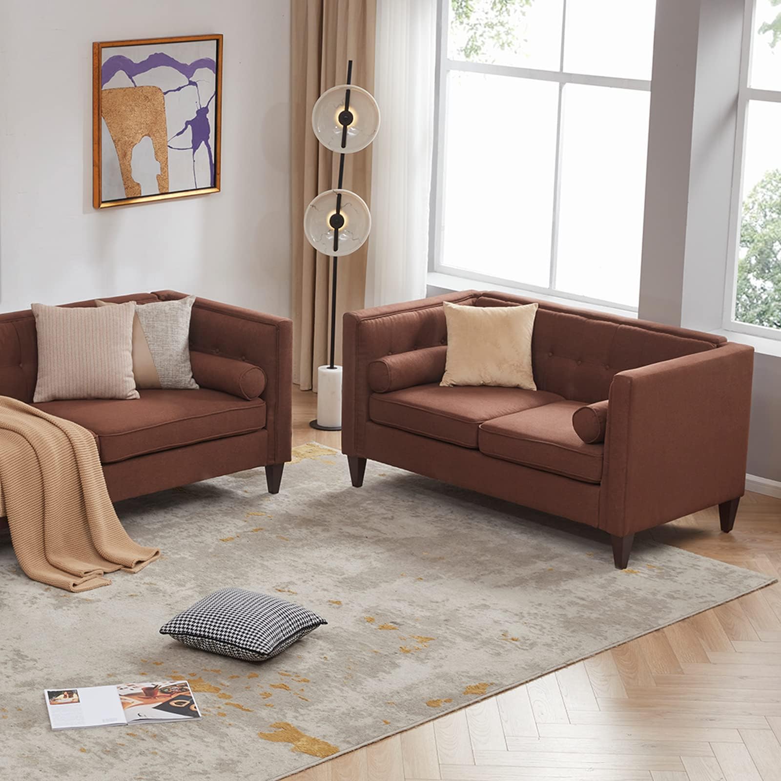 Dreamsir 58Inches Loveseat Sofa, 2 Seater Fabric Sofa Couch with Two Throw Pillows, Solid Wood, Mid Century Modern Couch for Living Room, Small Space, Apartment(Brown) 7097 Linen