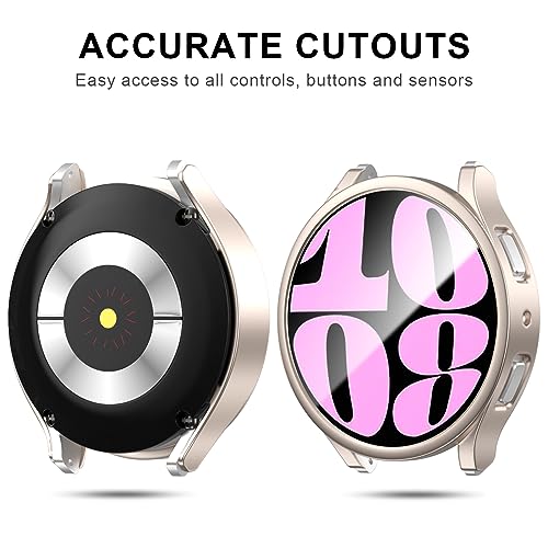 [2+4] Pack Screen Protector for Samsung Galaxy Watch 6 40mm,JZK 2 Hard PC Protective Bumper Case + 4 Tempered Glass Screen Protector Film for Galaxy Watch 6 40mm Accessories，Starlight