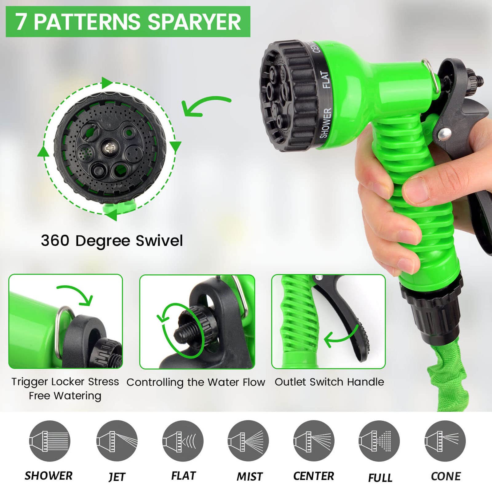 Expandable Garden Hose, Flexible Water Hose with 7 Function Hose Spray Nozzle
