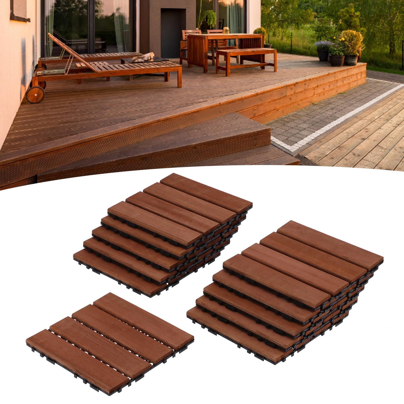 Interlocking Deck Tiles, 11Pcs Wood Flooring Tile Splicable Interlocking Floorboard for Home Outdoor Decking Garden Patio Balcony Decoration