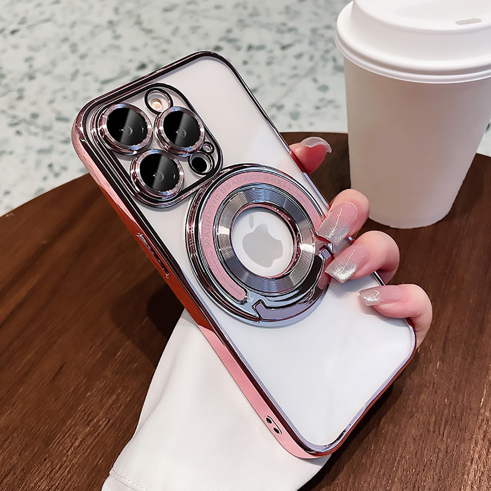Uioeua Compatible with iPhone 13 Pro Max Magnetic Clear Kickstand Case,Luxury Plating Transparent Bracket MagSafe Case with Full Camera Lens Protector for iPhone 13 Pro Max Women Girl Men-Elegant Pink