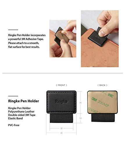Ringke Pen Holder for Apple Pencil, Journal, Notebooks, and More - 3M Self Adhesive PU Leather Durable Pen Loop with Elastic (3 PACK) - Black