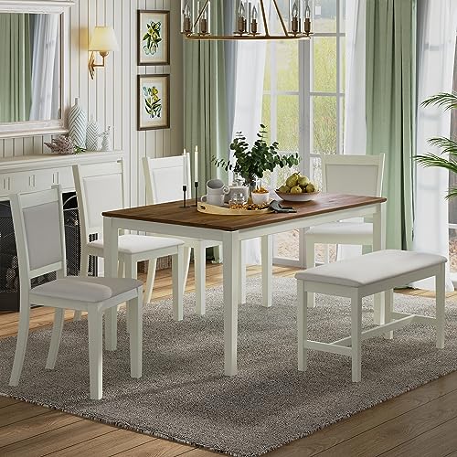 LUMISOL Rustic Solid Wood Dining Room Table Set for 6 Persons Farmhouse 6 Piece Kitchen Dining Table Set with 4 Chairs and 1 Bench Rectangular Dining Set for Living Room