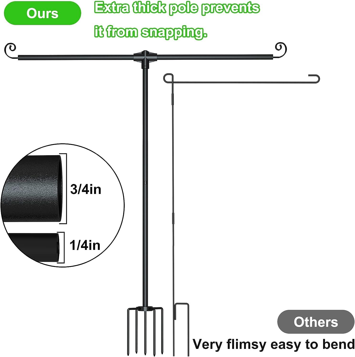 FFILY Garden Flag Stand Holder with 4 Prong Base for Double Flags - 3/4 Inch Extra Thick Heavy Duty Yard Flag Holder for Outside 12x18 Home Patio Decor