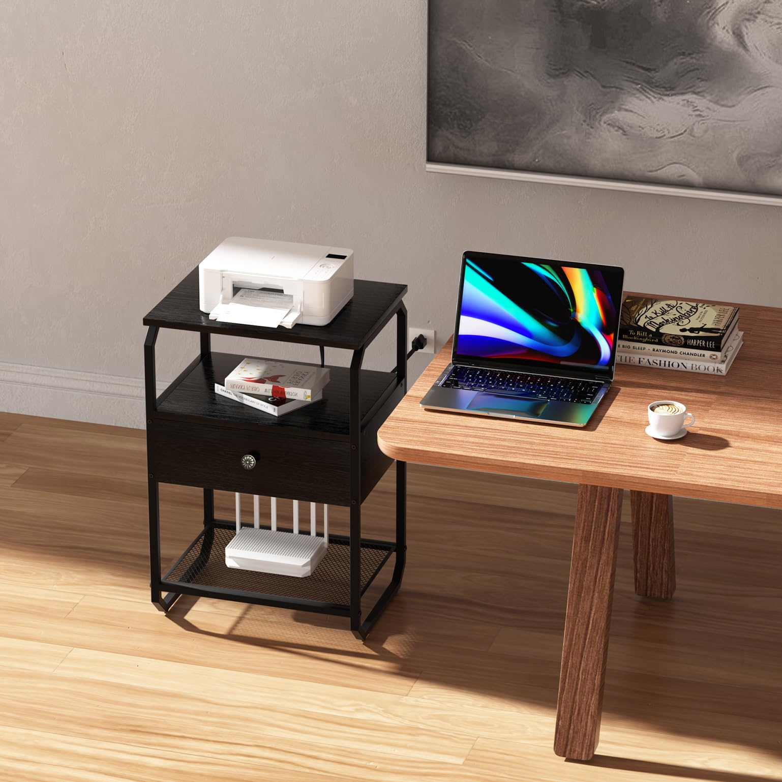 runjuly Black End Table with Charging Station, 3 Tier Night Stand with Wooden Drawer and Storage Shelf, Bedside Table with USB Ports Outlets, Narrow Side Table for Living Room, Bedroom