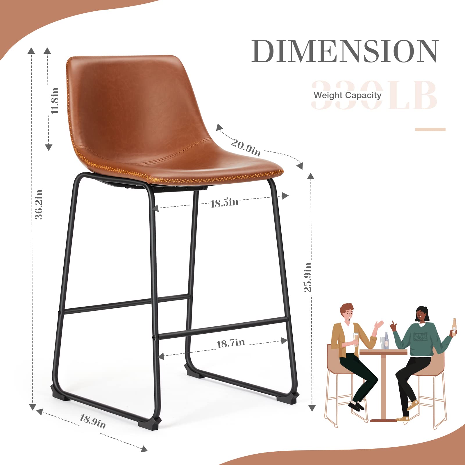 OLIXIS Dining Chairs, Barstools for Kitchen Island PU Leather Cushion and Metal Legs Chairs, 4 Pcs 26" Counter Height Bar Stools, Whiskey Brown