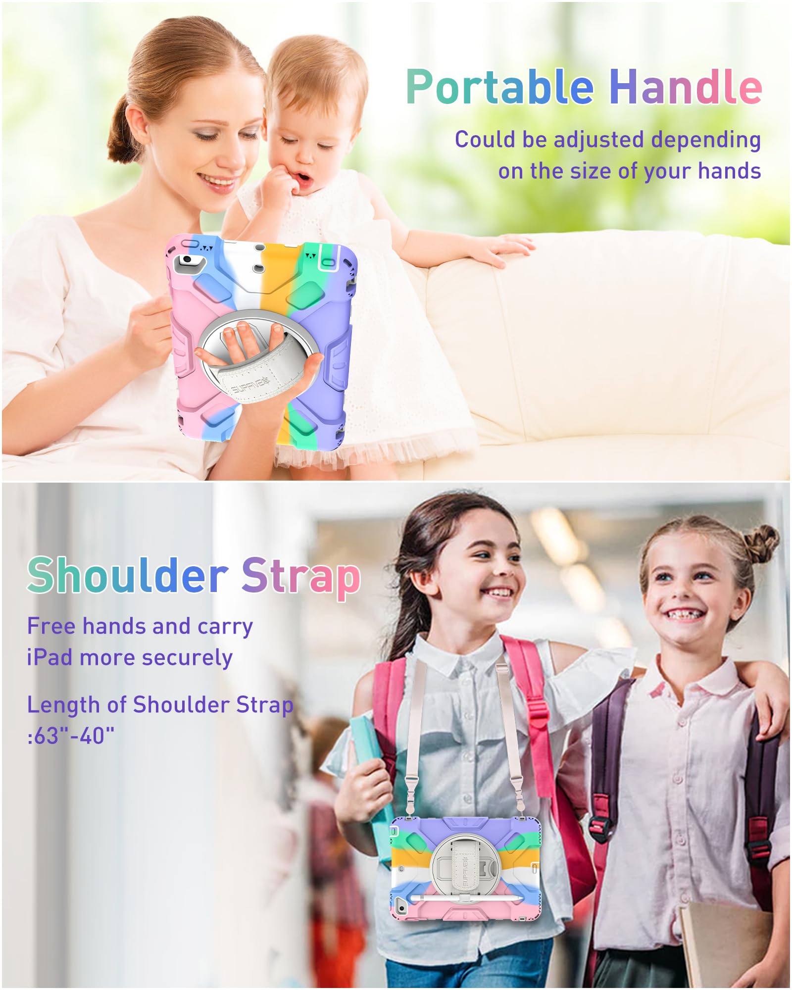SUPFIVES Case for iPad Mini 5 2019, iPad Mini 4 Case for Kids Military Grade Protective Rugged Case with Shoulder Strap + Kickstand + Pencil Holder for iPad Mini 5th/ 4th Generation 7.9 inch- Rainbow