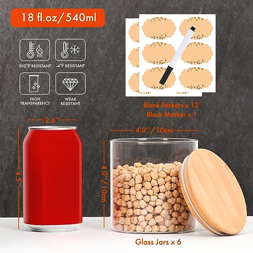 AuroTrends 18oz Glass Food Storage Containers with Lids 6Pack, 540ml Glass Storage Containers with Lids/Stickers/Marker- 540ml Glass Jars with Lids (18 fl. oz, Set of 6)
