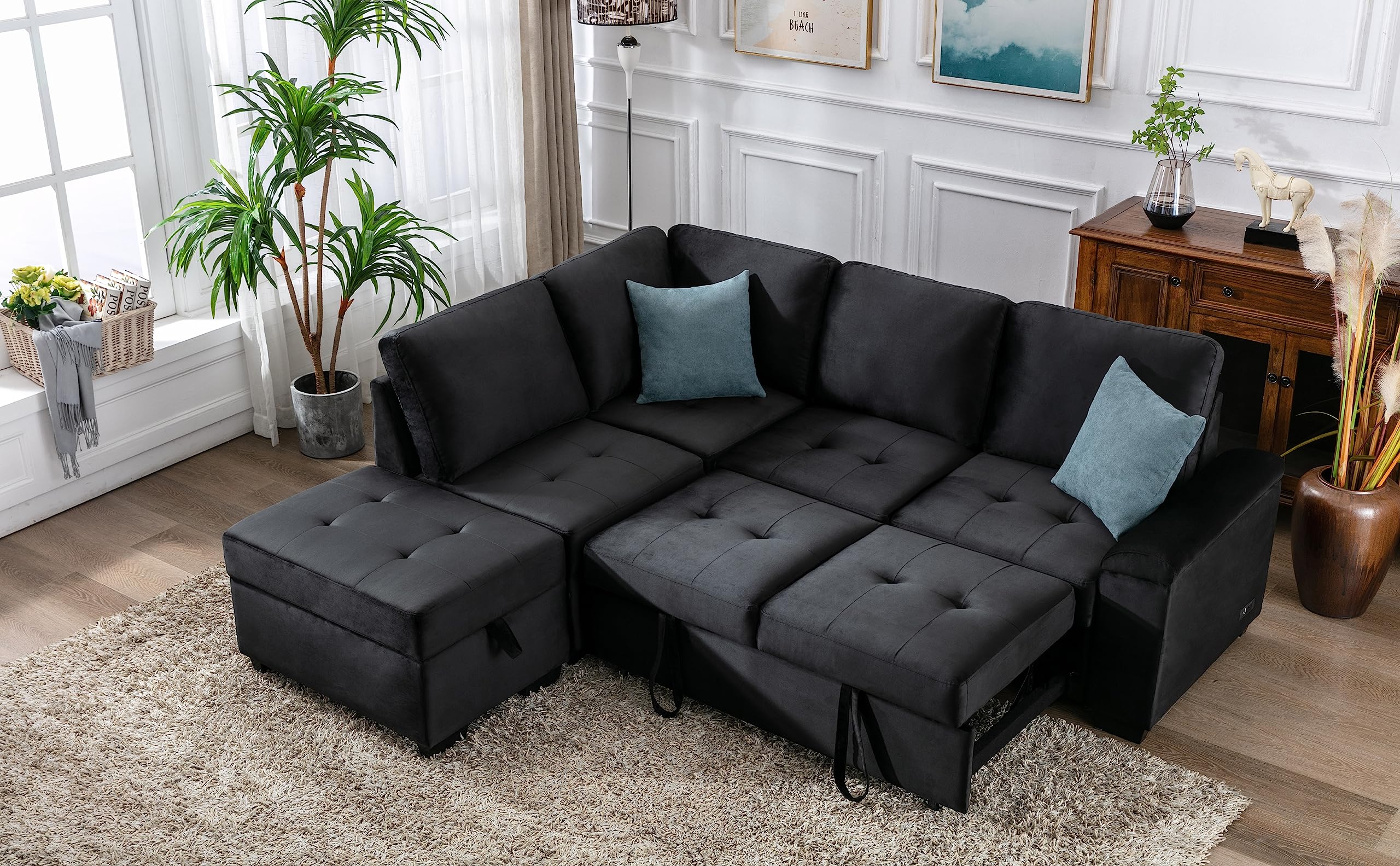 Merax Sleeper Sectional, L-Shape Corner Couch Sofa-Bed with Storage Ottoman, Black
