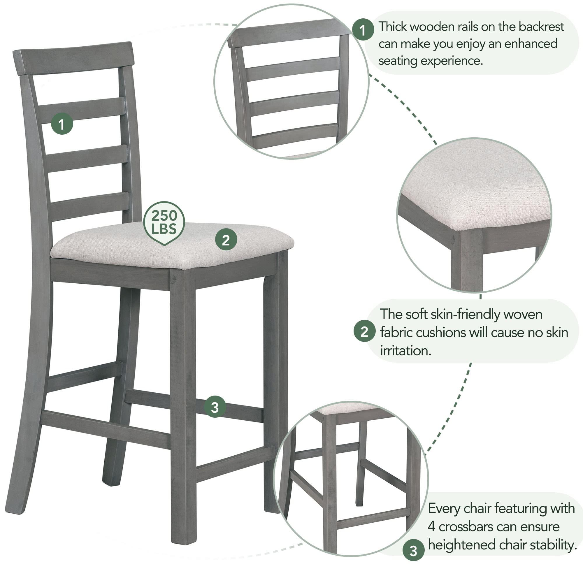 BIADNBZ 5-Piece Counter Height Dining Table Set for 4, Multi-Functional Rubber Wood Kitchen Furniture with Padded Chairs, Integrated 9 Bar Wine Compartment&Wineglass Holders, Gray