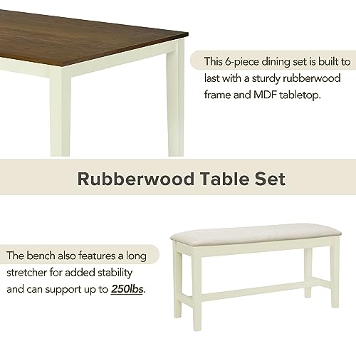 LUMISOL Rustic Solid Wood Dining Room Table Set for 6 Persons Farmhouse 6 Piece Kitchen Dining Table Set with 4 Chairs and 1 Bench Rectangular Dining Set for Living Room