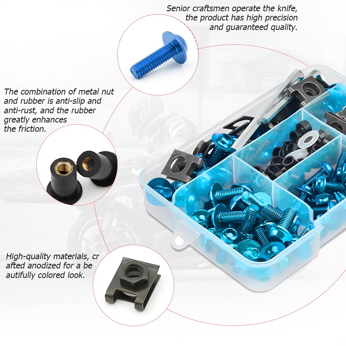 BELOMI Motorcycle Fairing Bolt Kit, 177pcs M5 M6 Motorcycle Windscreen Screws, Aluminum Fasteners Fairing Bolts Nut Clips Kit, Mounting Kits Washers Nuts Screws Assortment for Sport Bikes (Sky Blue)