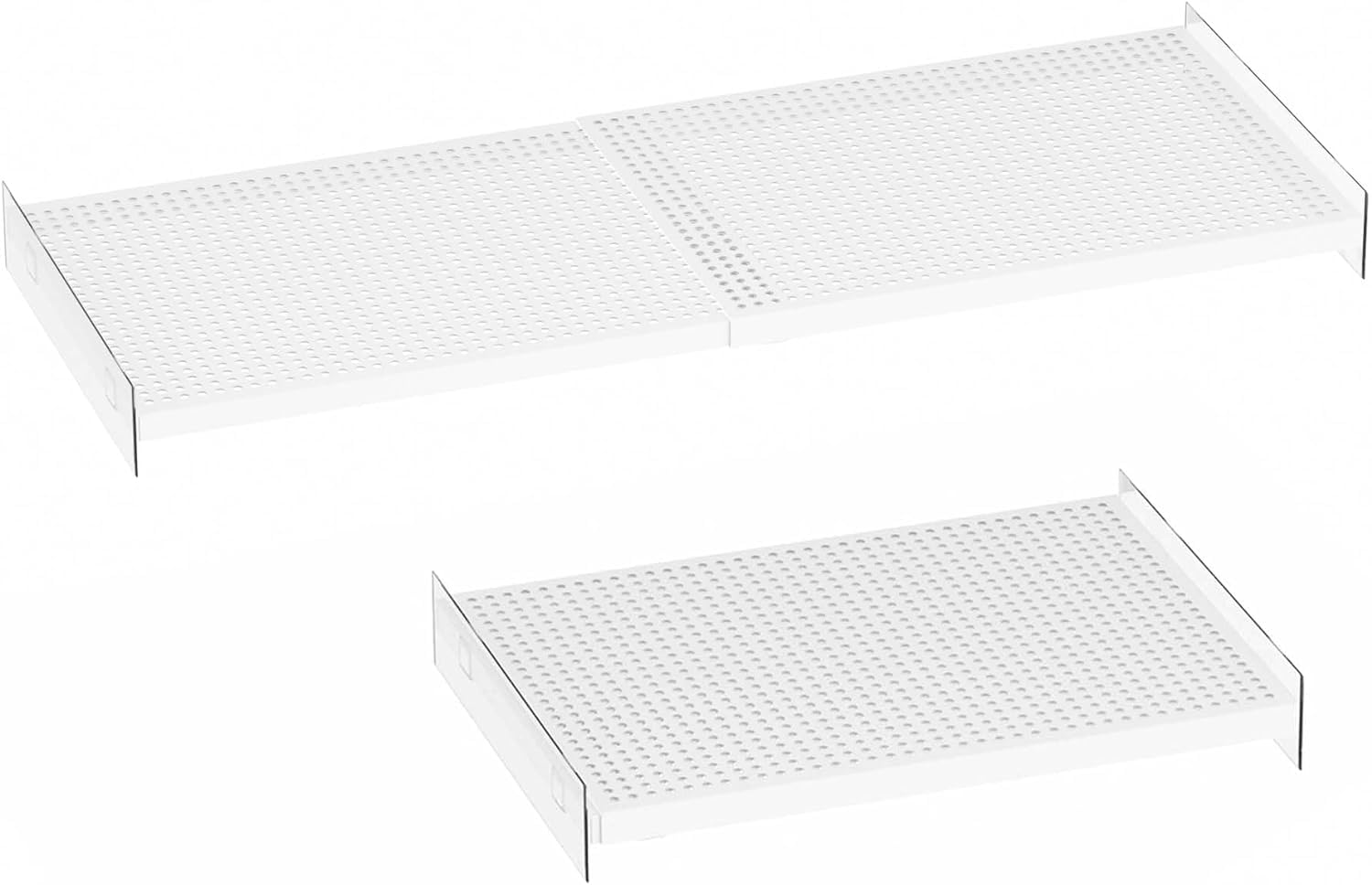 SlimmKISS Expandable Closet Tension Shelves Organizers, Adjustable Shelf for Cabinet Rack Storage Wardrobe Divider Shelving for Pantry 2 Pack (Perforated White,W11.81 x L: 17" to 31")