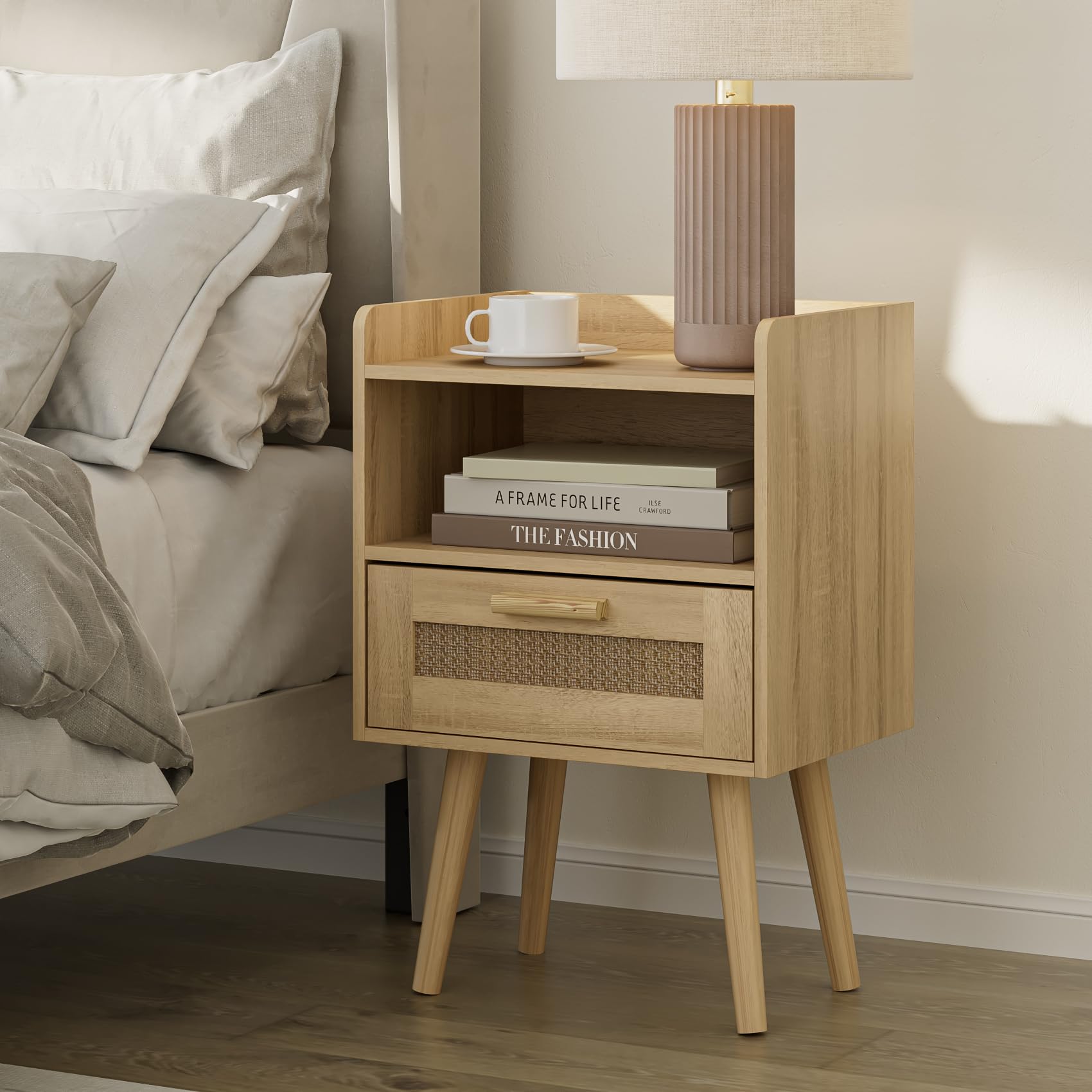 Masupu Nightstand Set of 2, Rattan Nightstand not Charged and Rattan Edge Bedside Table Bundled Products