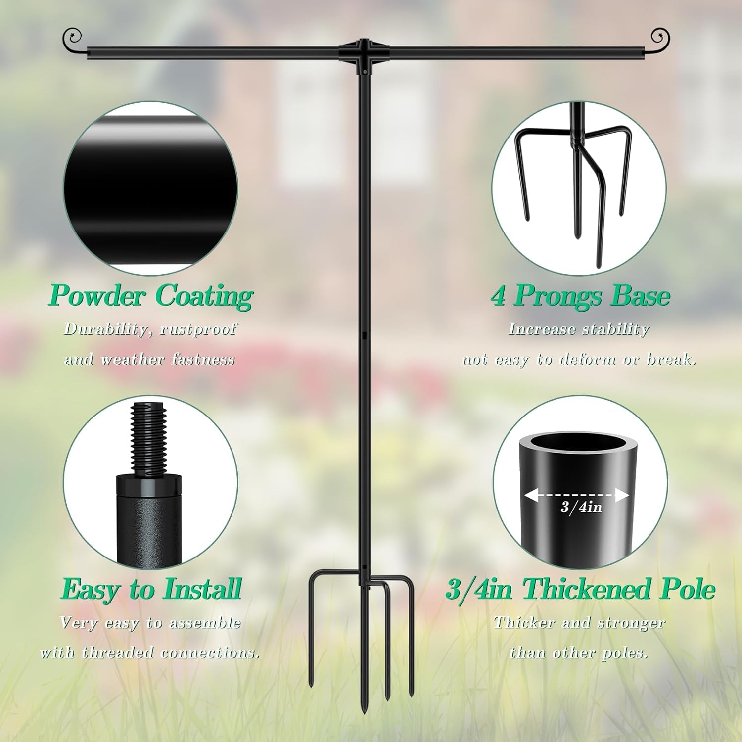 FFILY Garden Flag Stand Holder with 4 Prong Base for Double Flags - 3/4 Inch Extra Thick Heavy Duty Yard Flag Holder for Outside 12x18 Home Patio Decor