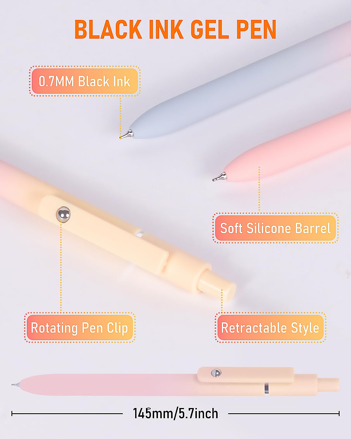 FIOVER Gel Pens, 5pcs Black Ink Medium Point 0.7mm Smooth Writing Pens with Comfort Grip, Aesthetic Ballpoint for Journaling School Office Supplies, Gifts for Women Men
