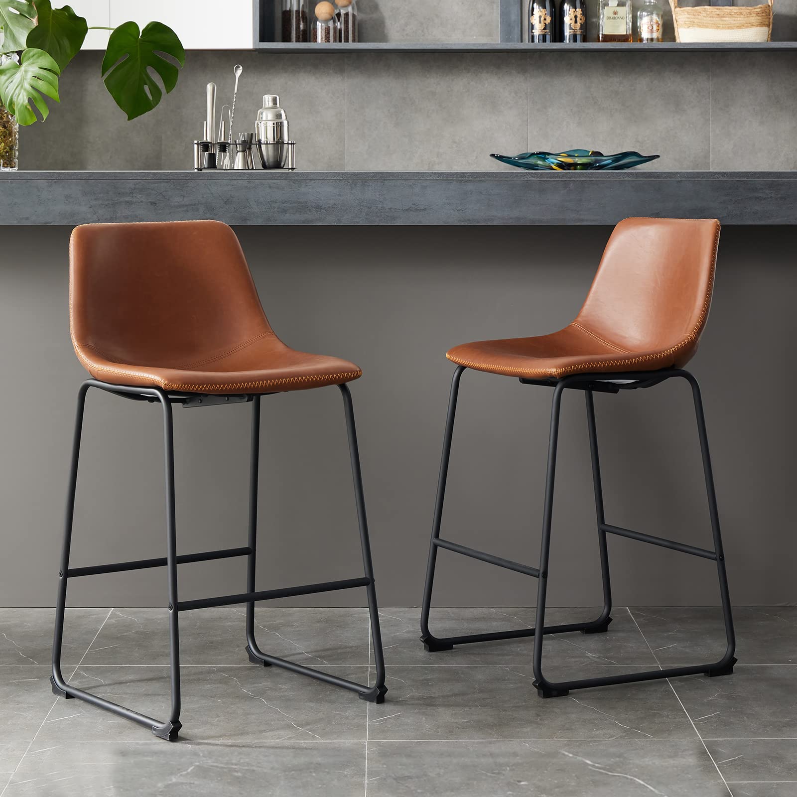 OLIXIS Dining Chairs, Barstools for Kitchen Island PU Leather Cushion and Metal Legs Chairs, 4 Pcs 26" Counter Height Bar Stools, Whiskey Brown