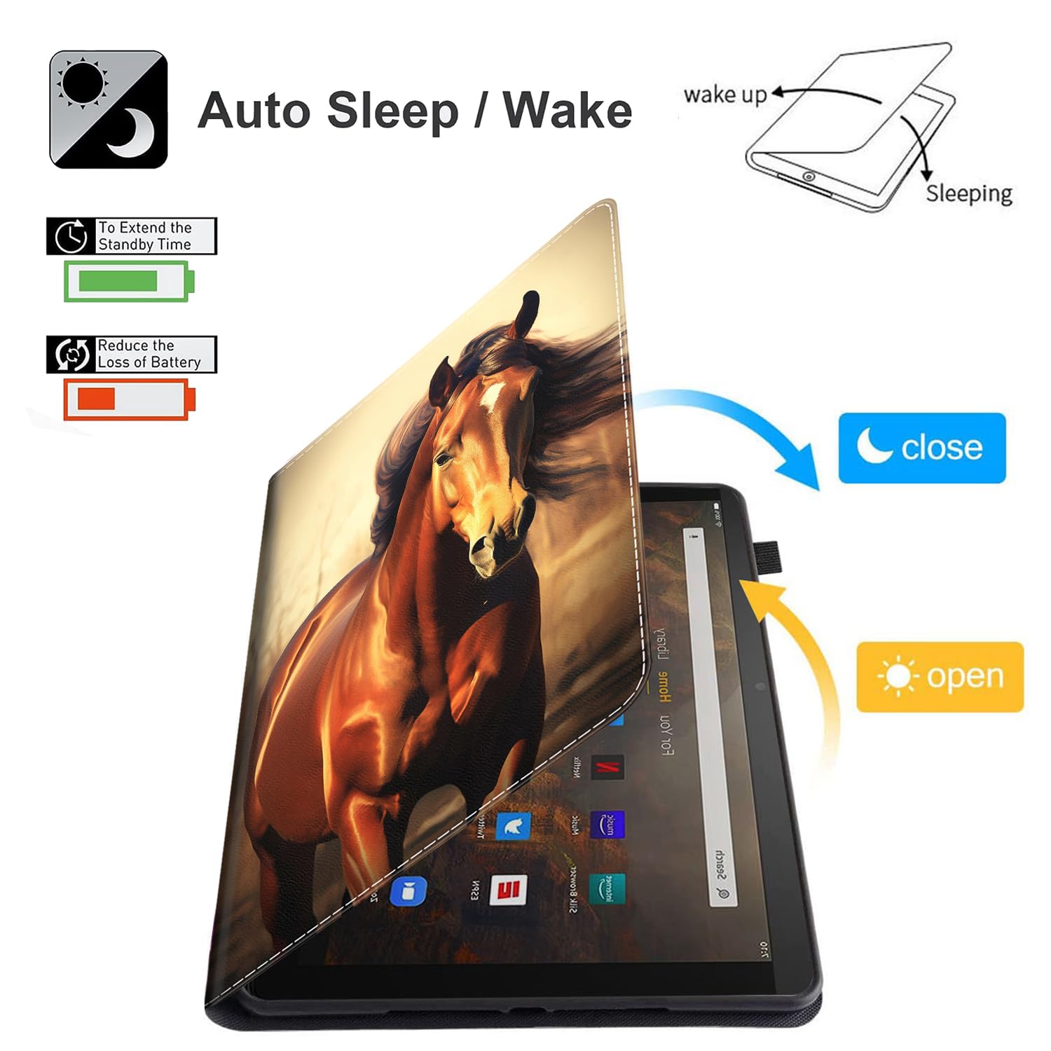 Case for All New Fire HD 10 Tablet 11th Generation and Fire HD 10 Plus 2021,Slim Fit Foldable Standing Cover Case with Auto Sleep/Wake for Fire HD 10 Tablet 10.1 Inch,Horse