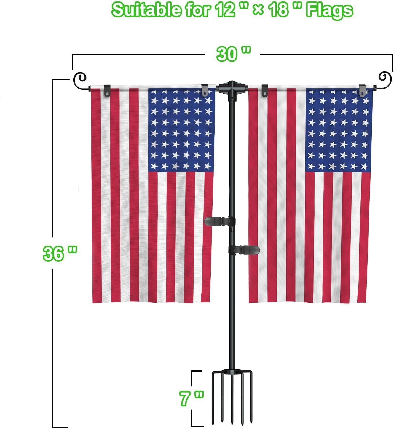 FFILY Garden Flag Stand Holder with 4 Prong Base for Double Flags - 3/4 Inch Extra Thick Heavy Duty Yard Flag Holder for Outside 12x18 Home Patio Decor