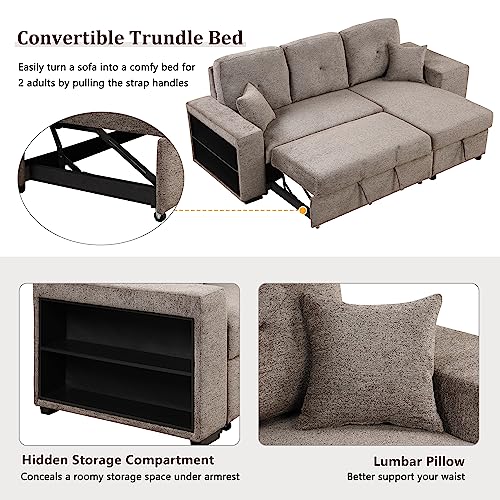 Eafurn 95" Reversible Sectional Chaise and Storage Shelves,Velvet Pull Bed w/Stools and 2 Tossing Cushions,3 Seat Sleeper L-Shape Corner Sofa & Couches for Living Room, Knox Charcoal
