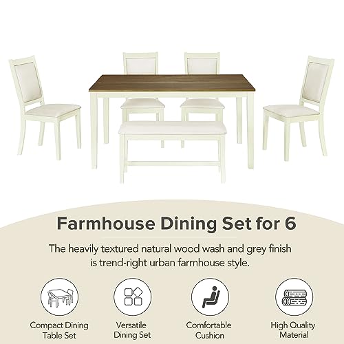 LUMISOL Rustic Solid Wood Dining Room Table Set for 6 Persons Farmhouse 6 Piece Kitchen Dining Table Set with 4 Chairs and 1 Bench Rectangular Dining Set for Living Room