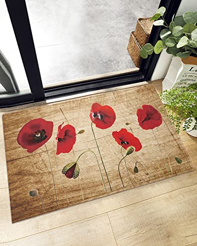 Yun Nist Fluffy Shag Indoor Doormat Red Poppies Flowers Vintage Floral,Non Slip Soft Bath Mat Rustic Wood Board Back,Washable Entrance Rug for Kitchen Bathroom Bedroom Living Room 20x31in